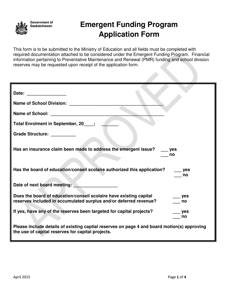 Saskatchewan Canada Emergent Funding Program Application Form - Fill ...