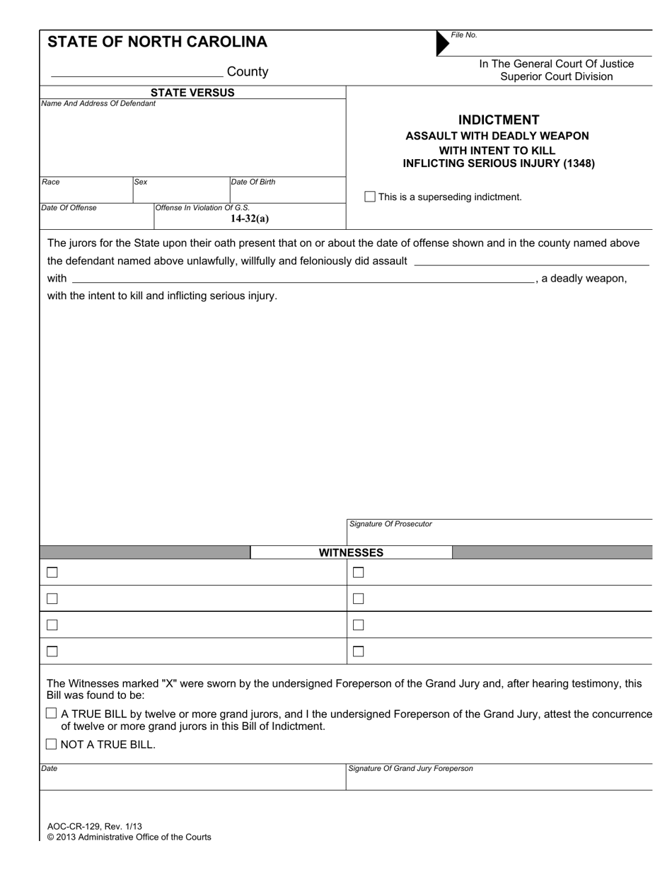 Form AOC-CR-129 Download Fillable PDF or Fill Online Indictment Assault ...