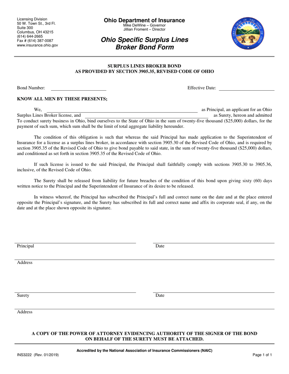 Form INS3222 - Fill Out, Sign Online and Download Fillable PDF, Ohio ...