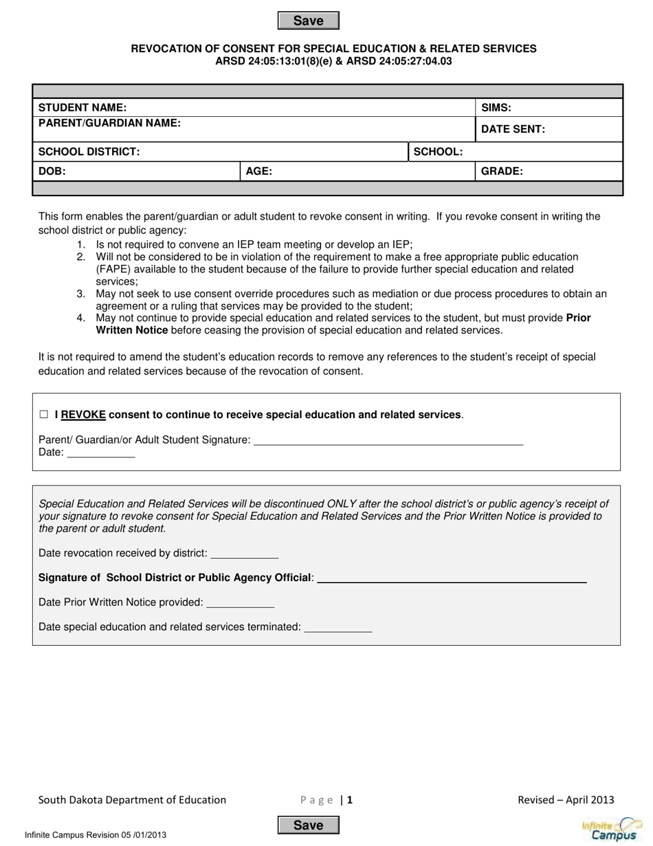 South Dakota Revocation of Consent for Special Education & Related ...