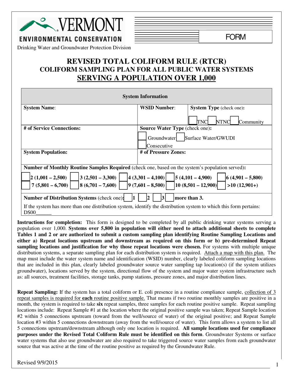 Vermont Revised Total Coliform Rule (Rtcr) Coliform Sampling Plan for ...