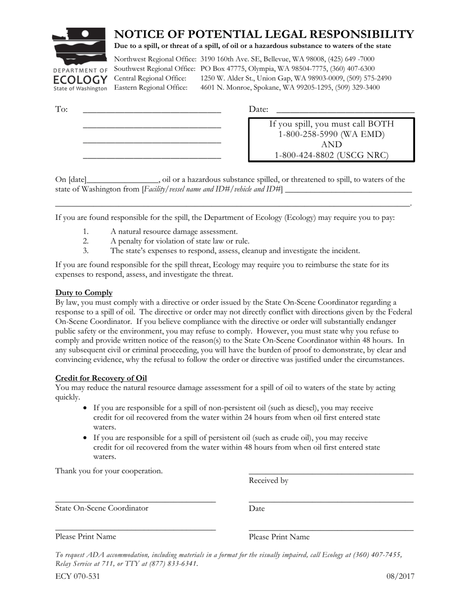 Form ECY070-531 - Fill Out, Sign Online and Download Printable PDF ...