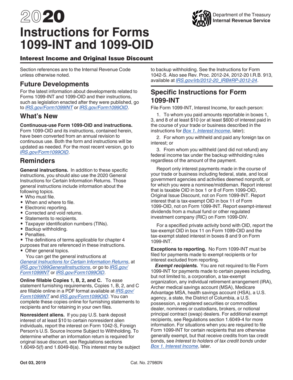 Download Instructions for IRS Form 1099-INT, 1099-OID Interest Income ...