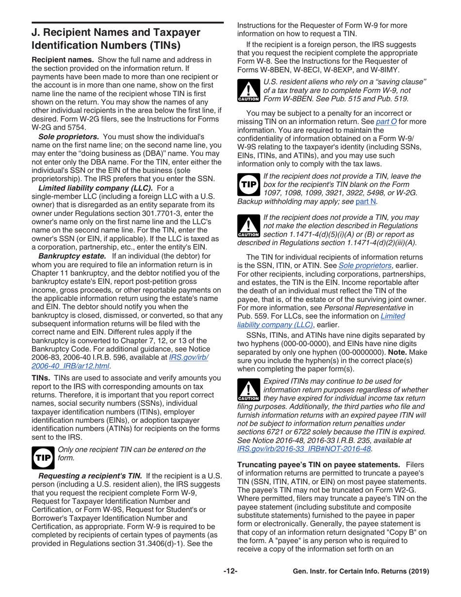 Download Instructions for IRS Form 1096, 1097, 1098, 1099, 3921, 3922, 5948, W-2G PDF, 2019 ...