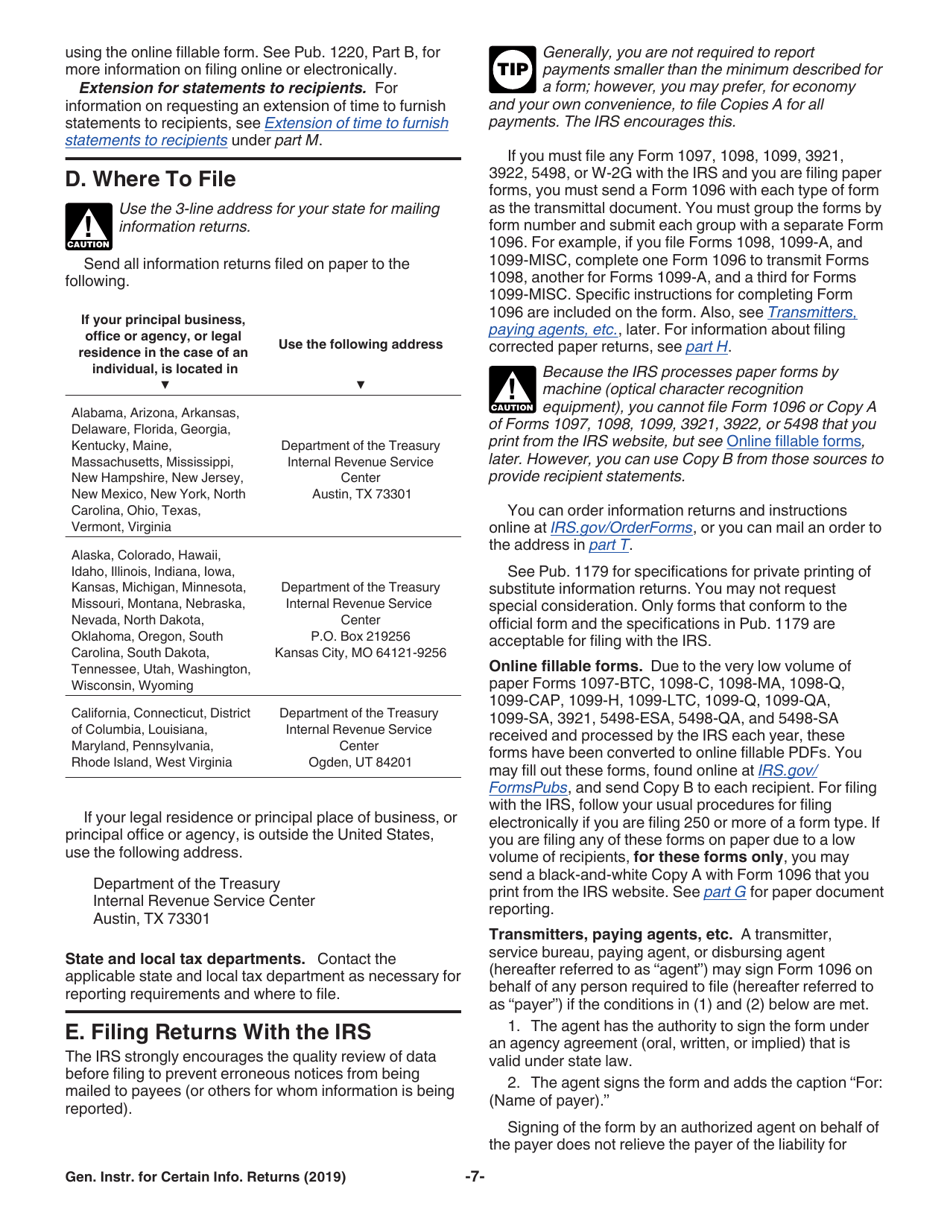 Download Instructions for IRS Form 1096, 1097, 1098, 1099, 3921, 3922, 5948, W-2G PDF, 2019 ...