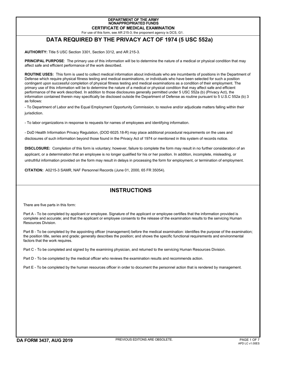 DA Form 3437 Download Fillable PDF or Fill Online Department of the ...