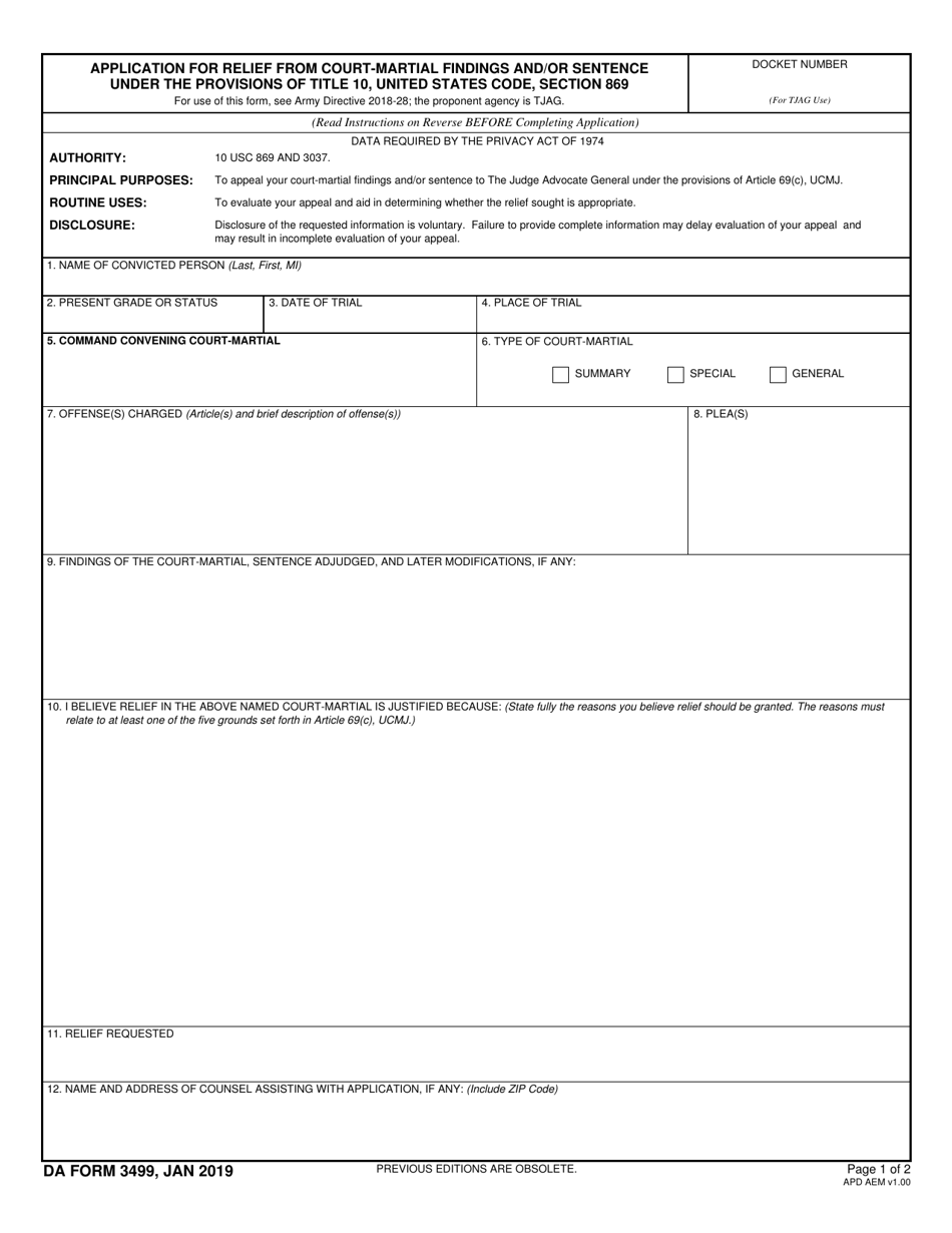DA Form 3499 Download Fillable PDF or Fill Online Application for ...