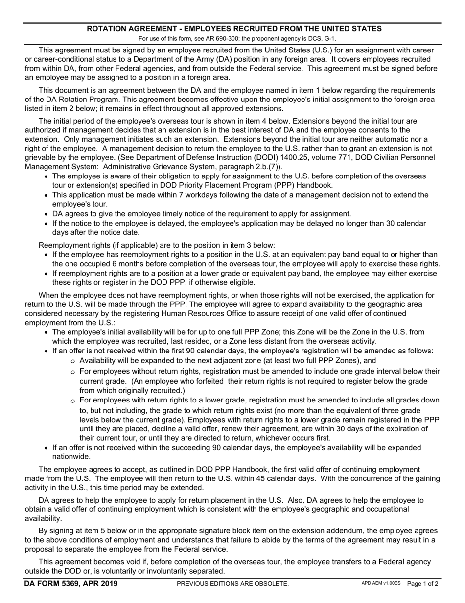 DA Form 5369 Download Fillable PDF or Fill Online Rotation Agreement ...