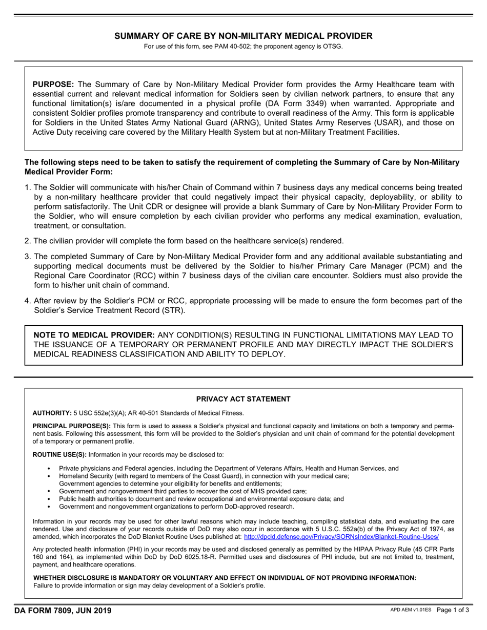 DA Form 7809 - Fill Out, Sign Online and Download Fillable PDF ...