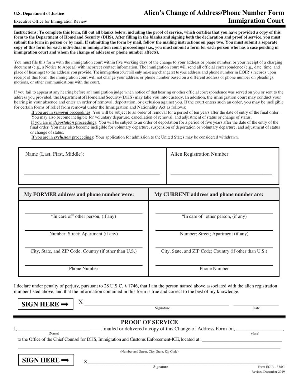 Form EOIR-33/IC Download Printable PDF or Fill Online Change of Address ...