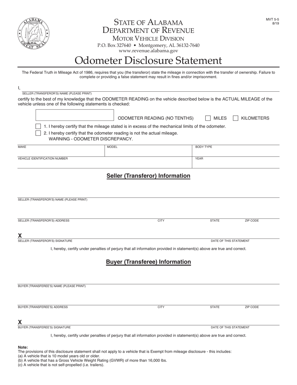 Form MVT5-5 - Fill Out, Sign Online and Download Printable PDF, Alabama ...