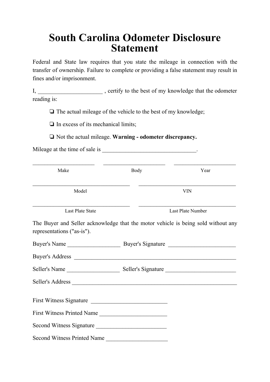 South Carolina Odometer Disclosure Statement Form - Fill Out, Sign ...