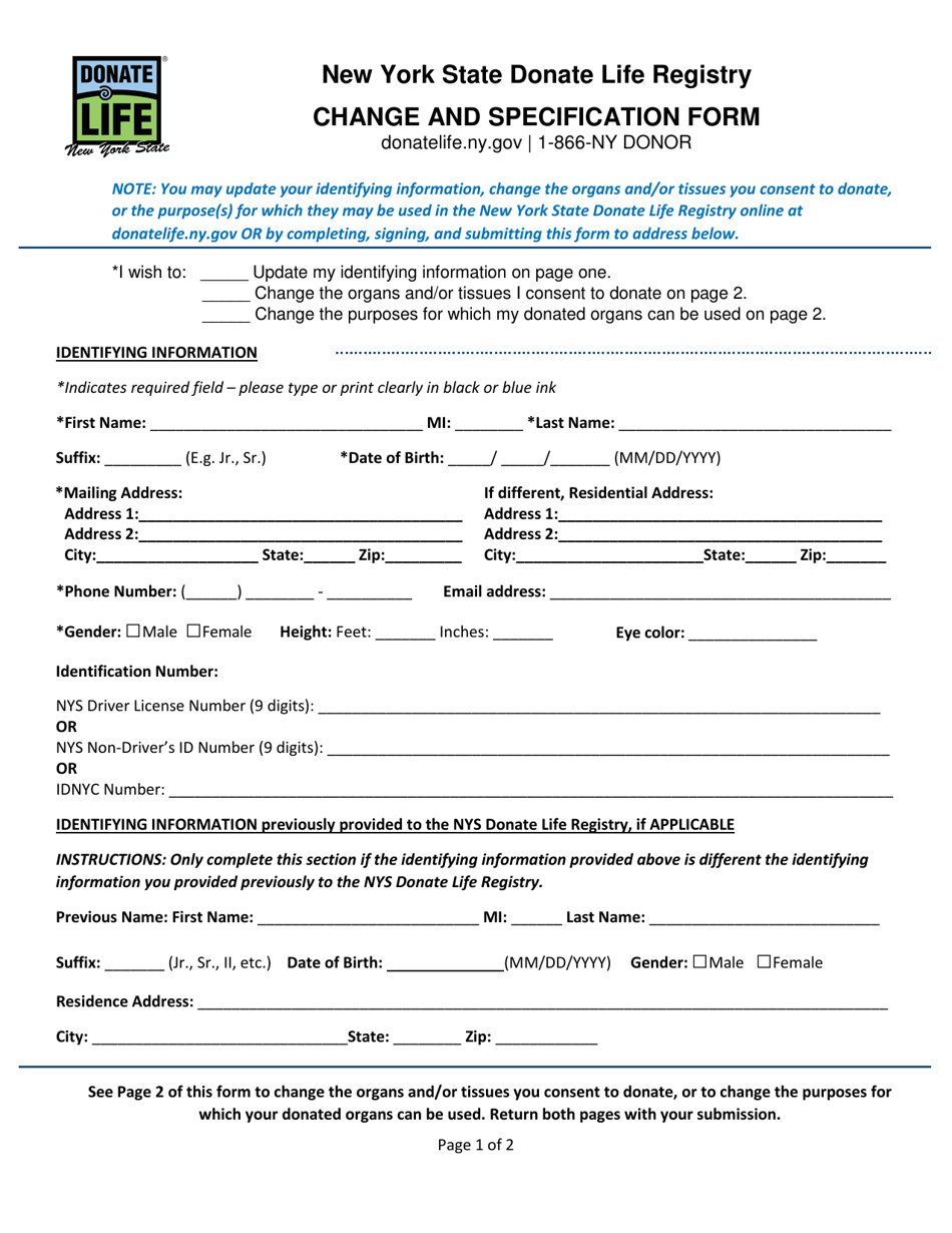 New York Change and Specification Form - New York State Donate Life ...