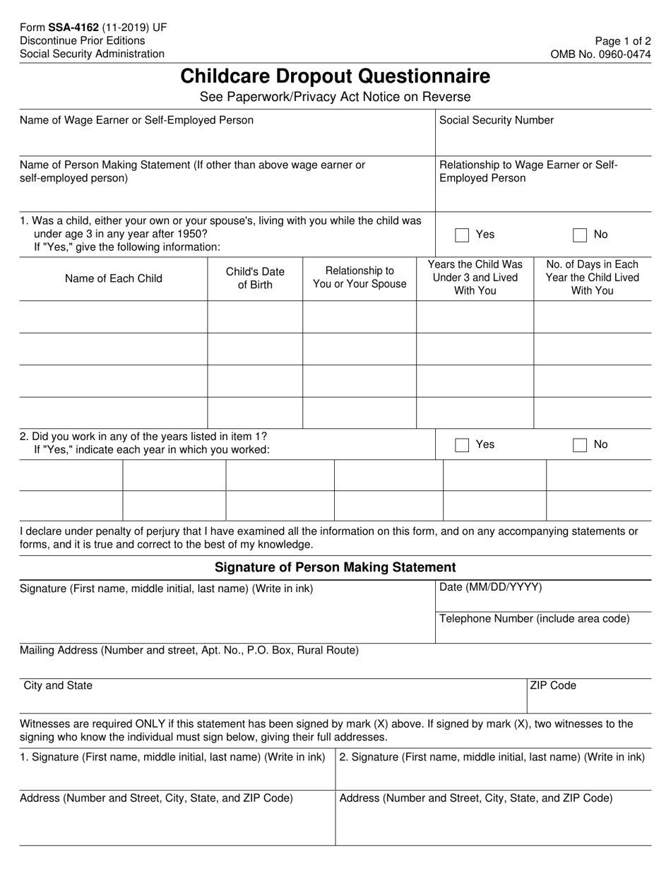 Form SSA-4162 Download Fillable PDF or Fill Online Childcare Dropout ...