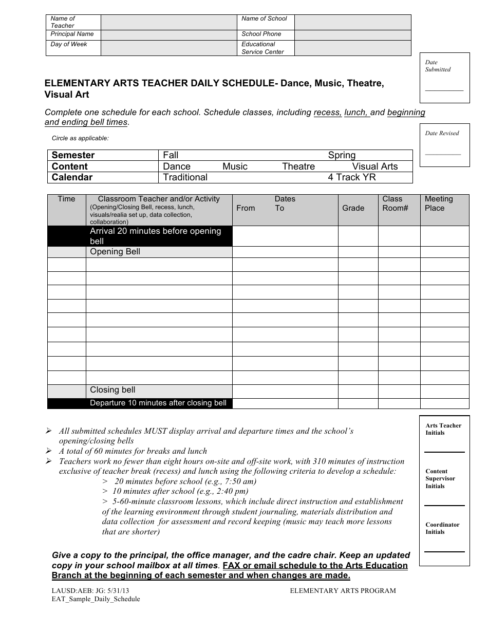 Elementary Arts Teacher Daily Schedule Template Download Printable PDF ...