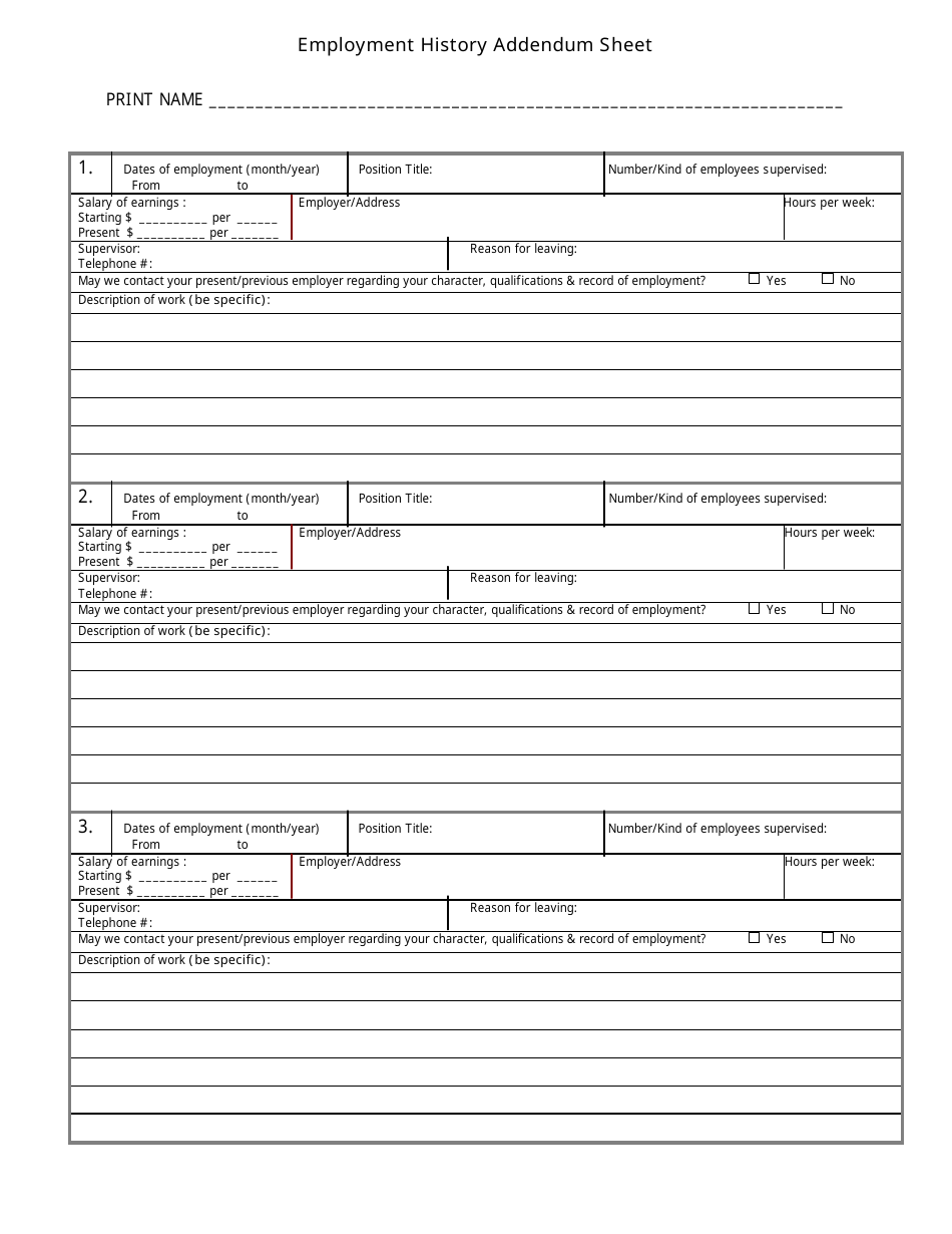 Employment History Addendum Form - Fill Out, Sign Online and Download ...