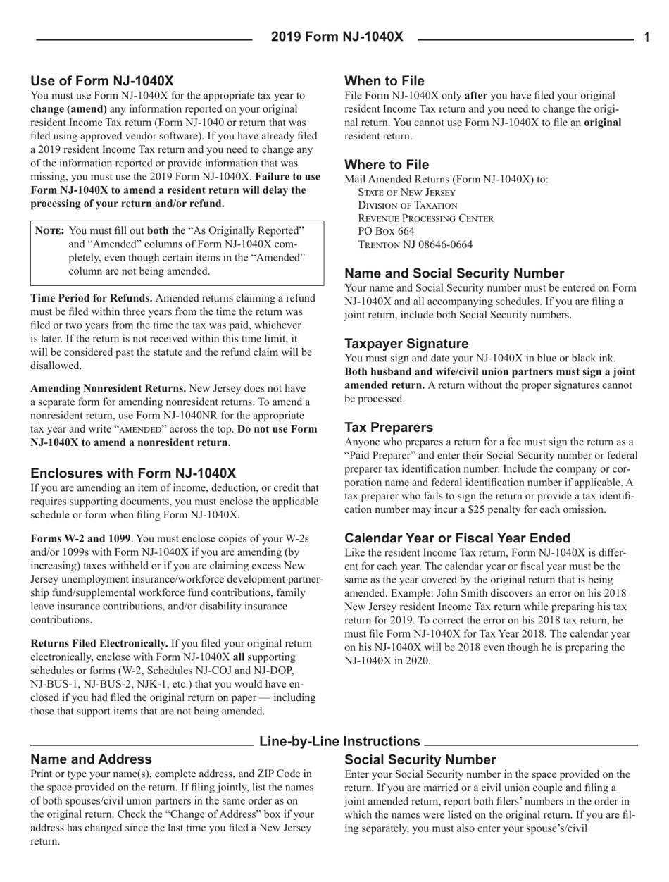 Download Instructions for Form NJ-1040X Amended Resident Income Tax ...