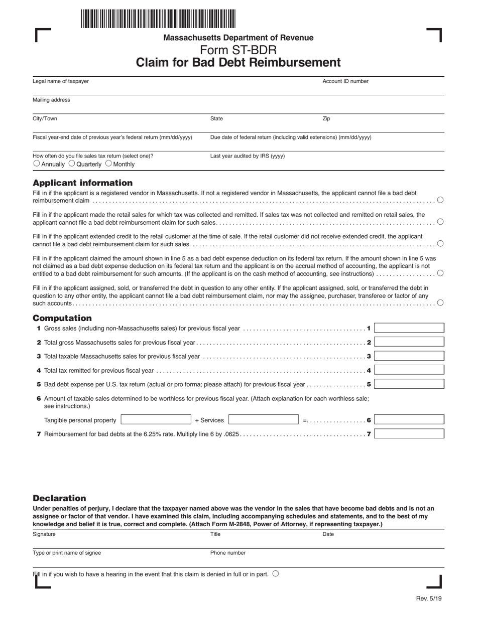 Form ST-BDR Download Printable PDF or Fill Online Claim for Bad Debt ...