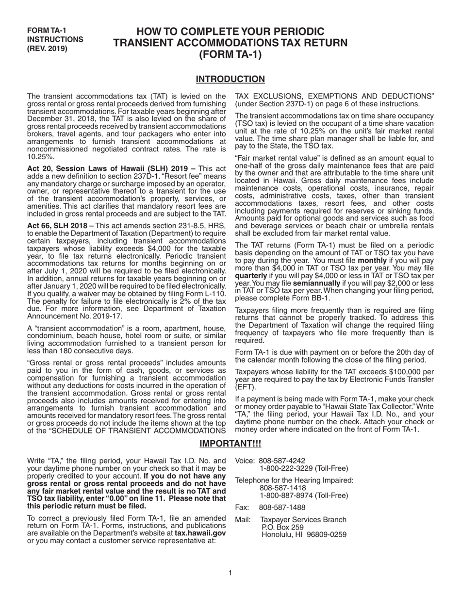 Download Instructions for Form TA-1 Transient Accommodations Tax Return ...