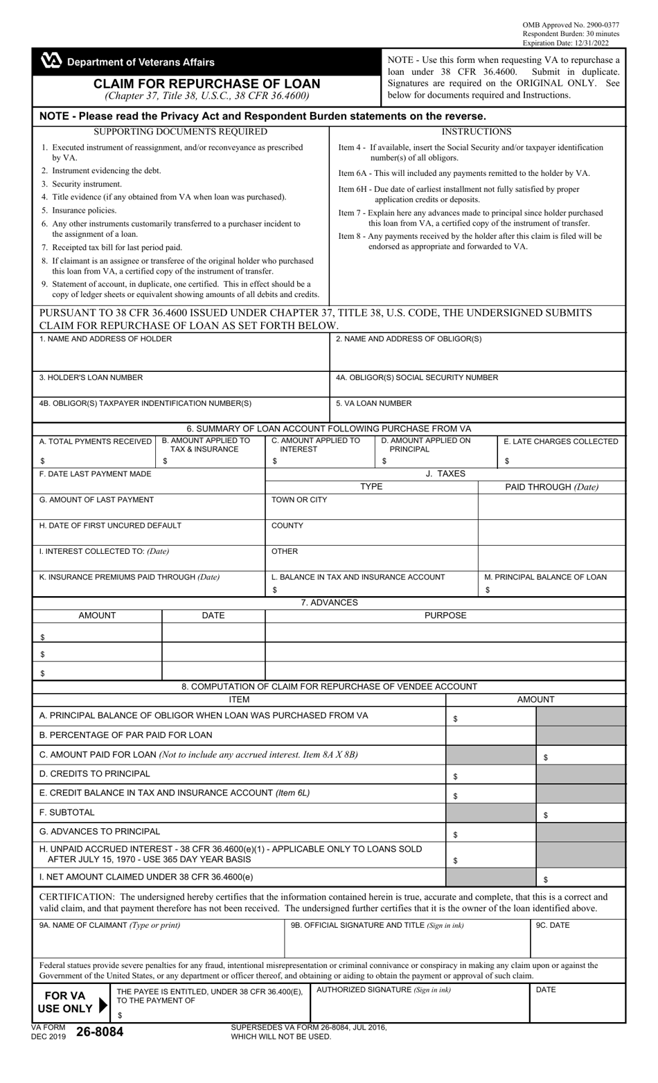 VA Form 26-8084 Download Fillable PDF or Fill Online Claim for ...