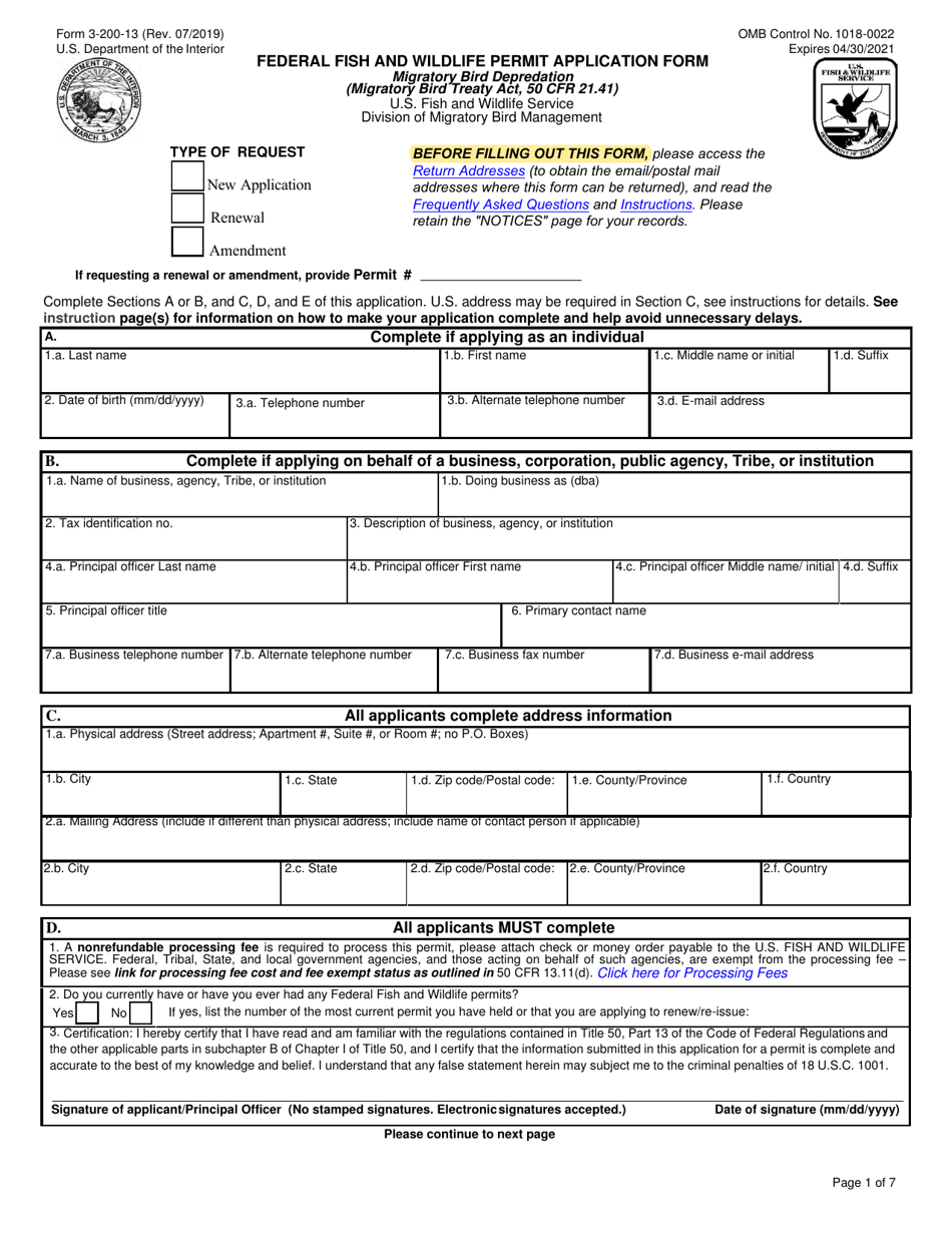 FWS Form 3-200-13 Download Fillable PDF or Fill Online Federal Fish and Wildlife Permit ...