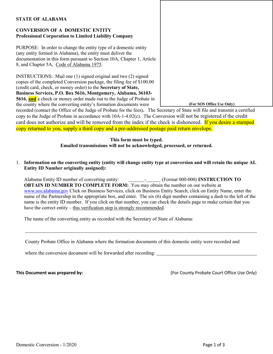 Alabama Conversion of a Domestic Entity - Professional Corporation to ...