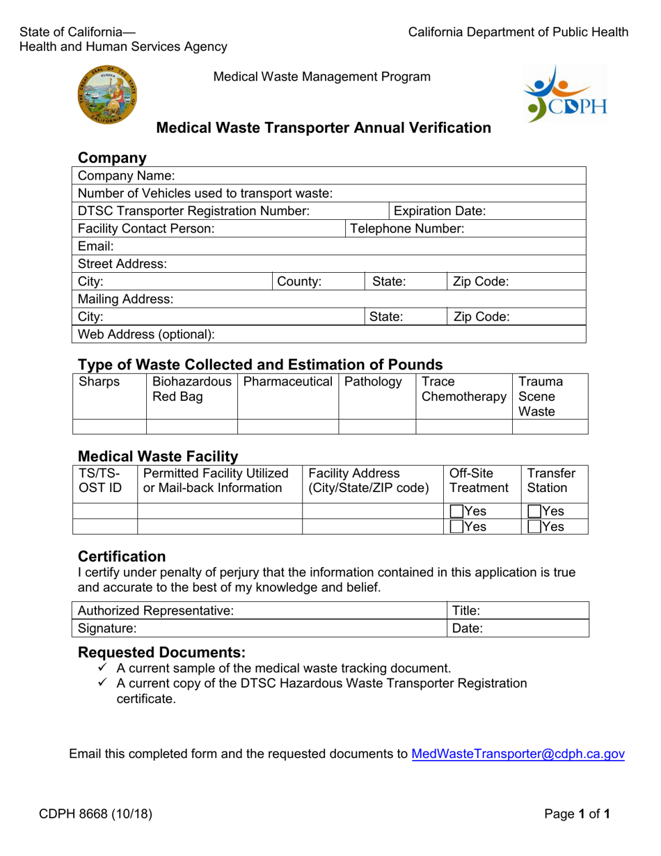 Form CDPH8668 Download Fillable PDF or Fill Online Medical Waste ...