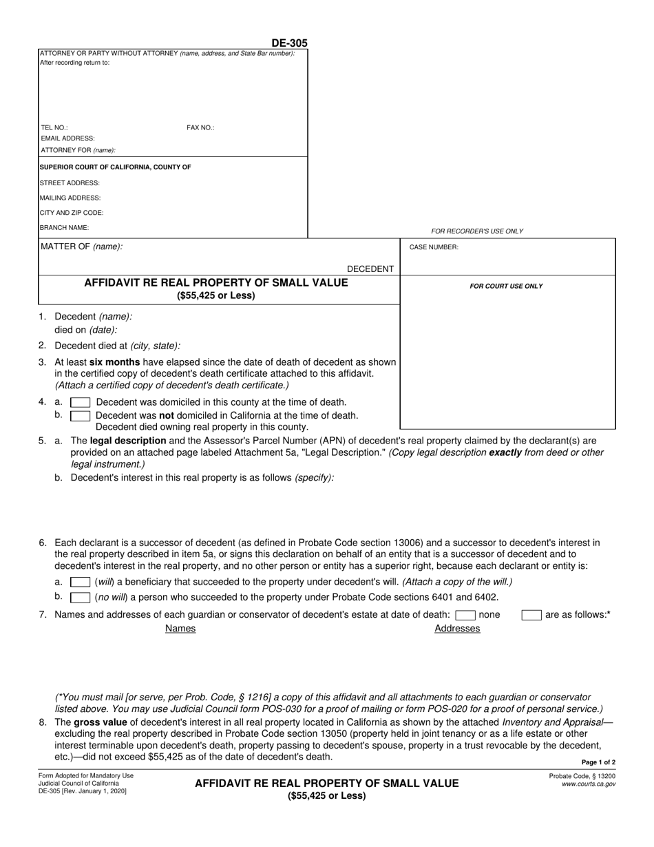 Form DE-305 Download Fillable PDF or Fill Online Affidavit Re Real ...
