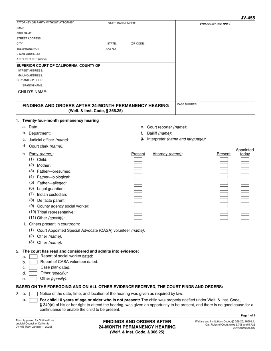 Form JV-455 Download Fillable PDF or Fill Online Findings and Orders ...