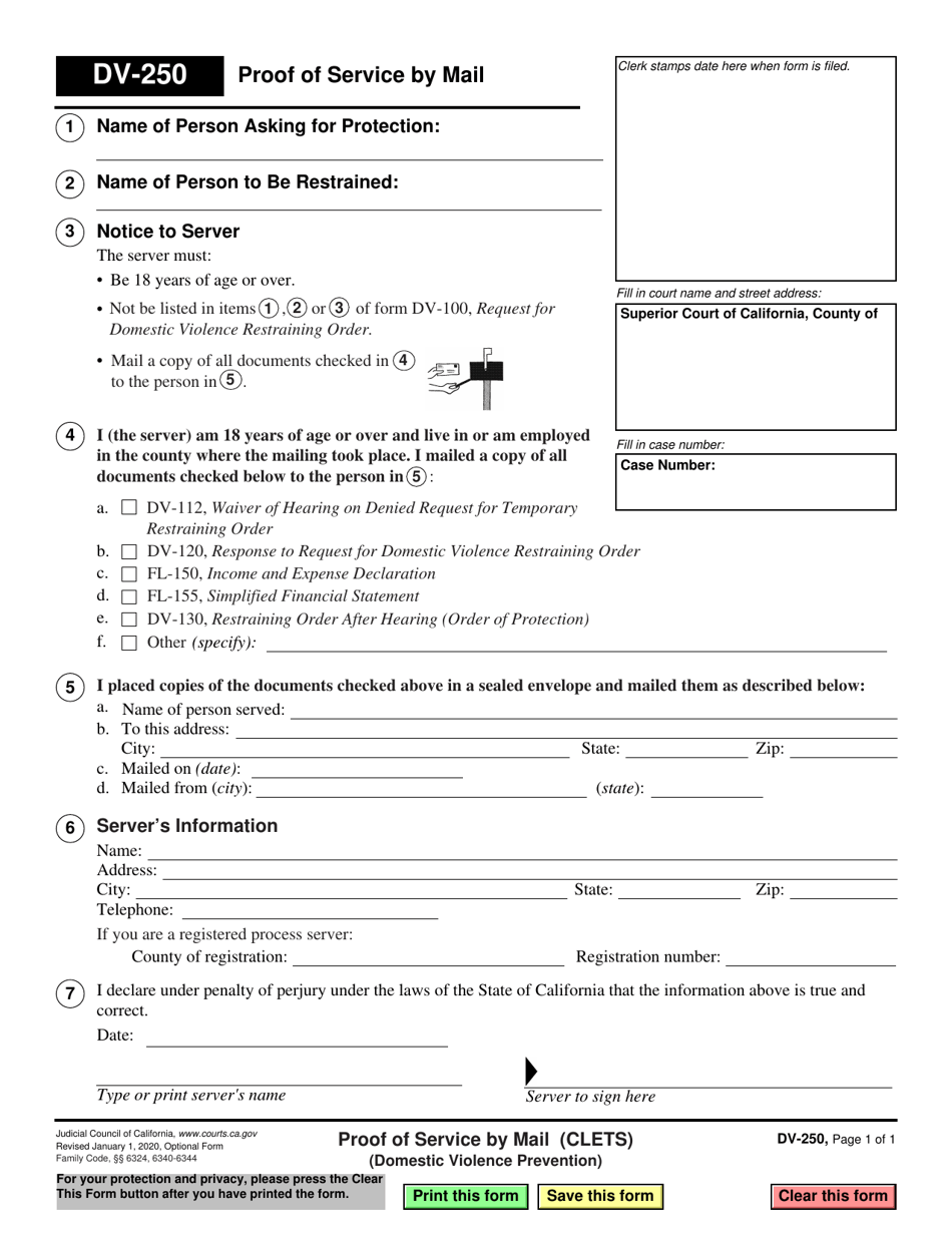 Form DV-250 Download Fillable PDF or Fill Online Proof of Service by Mail (Clets) - Domestic ...