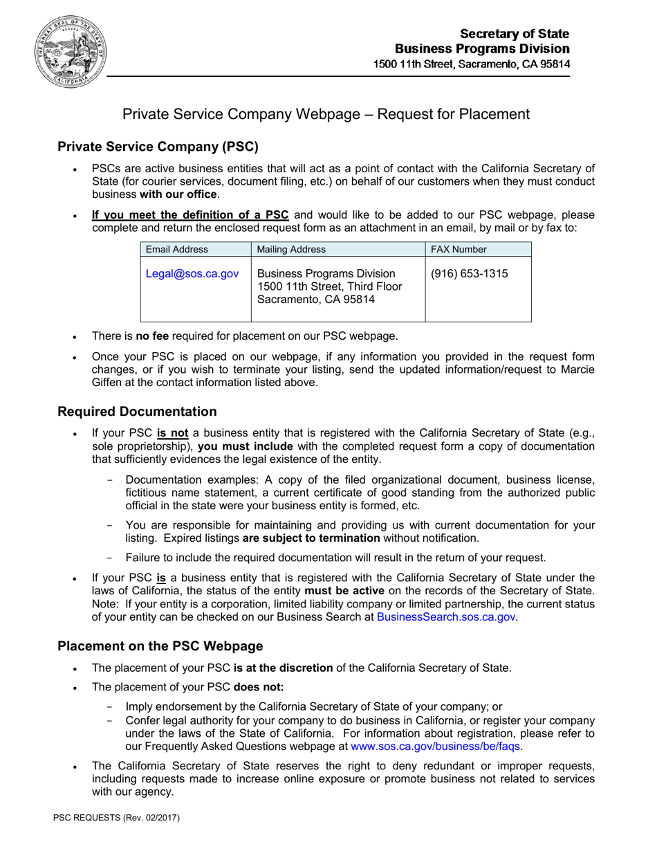 California Private Service Company Webpage - Request for Placement ...