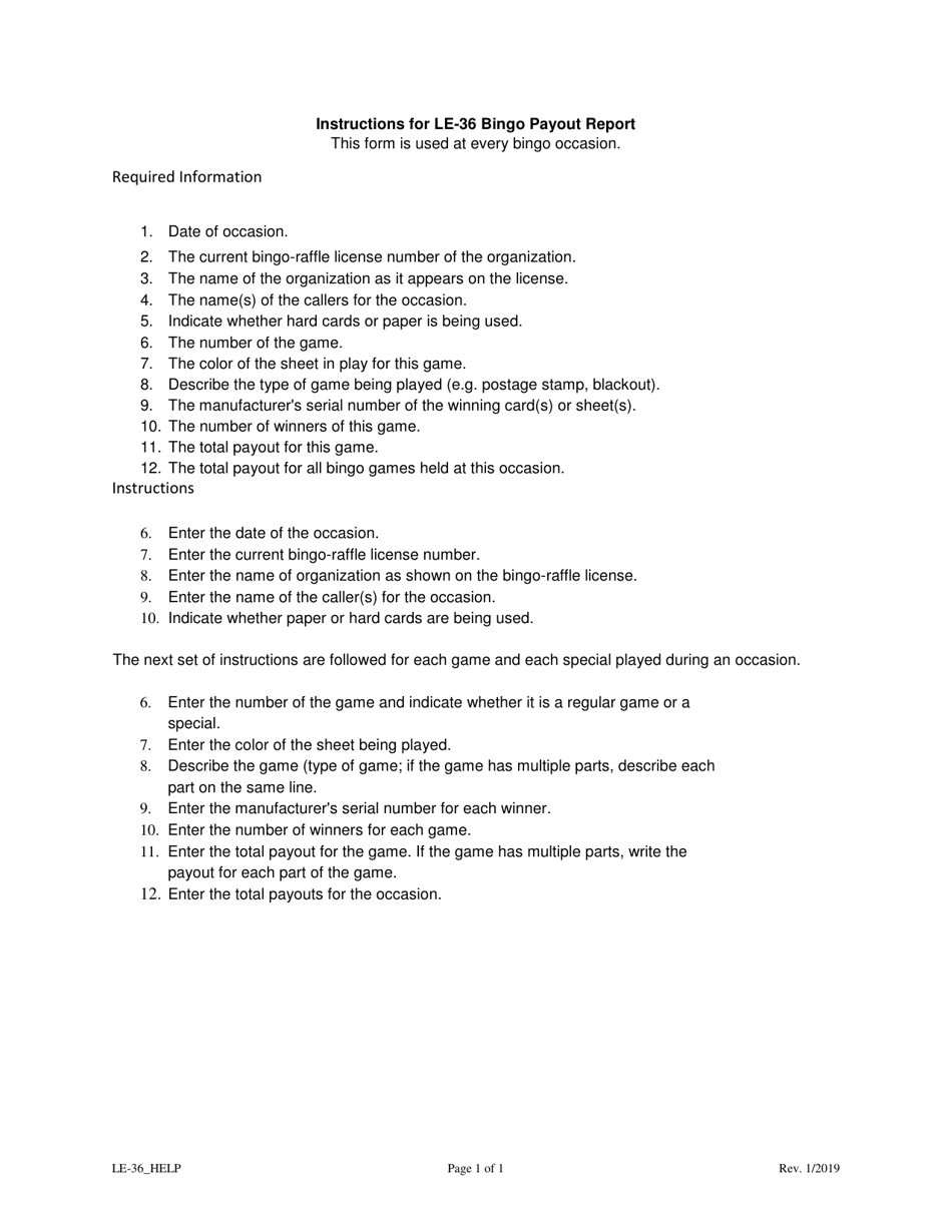 Download Instructions for Form LE-36 Bingo Payout Report PDF ...