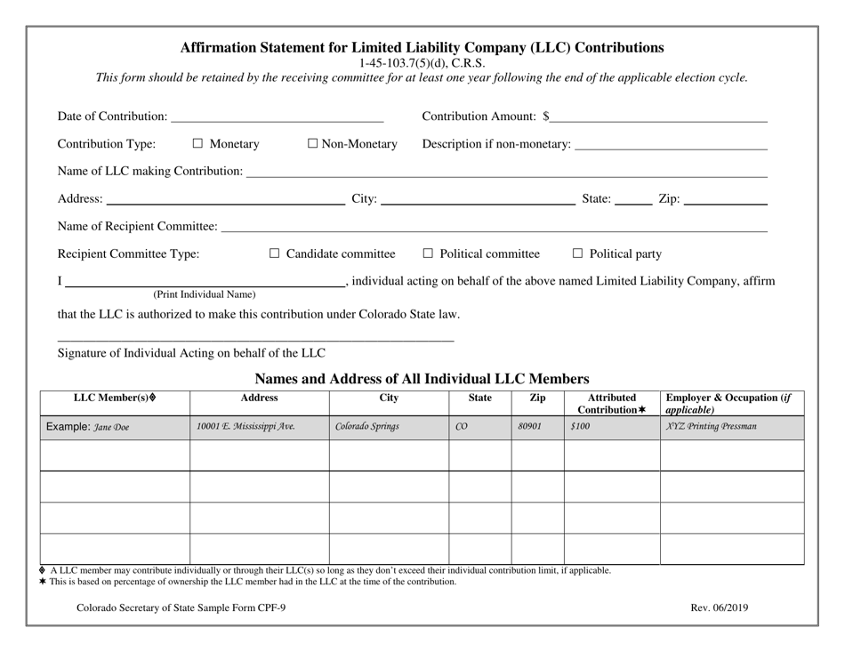 Form CPF-9 - Fill Out, Sign Online and Download Fillable PDF, Colorado ...
