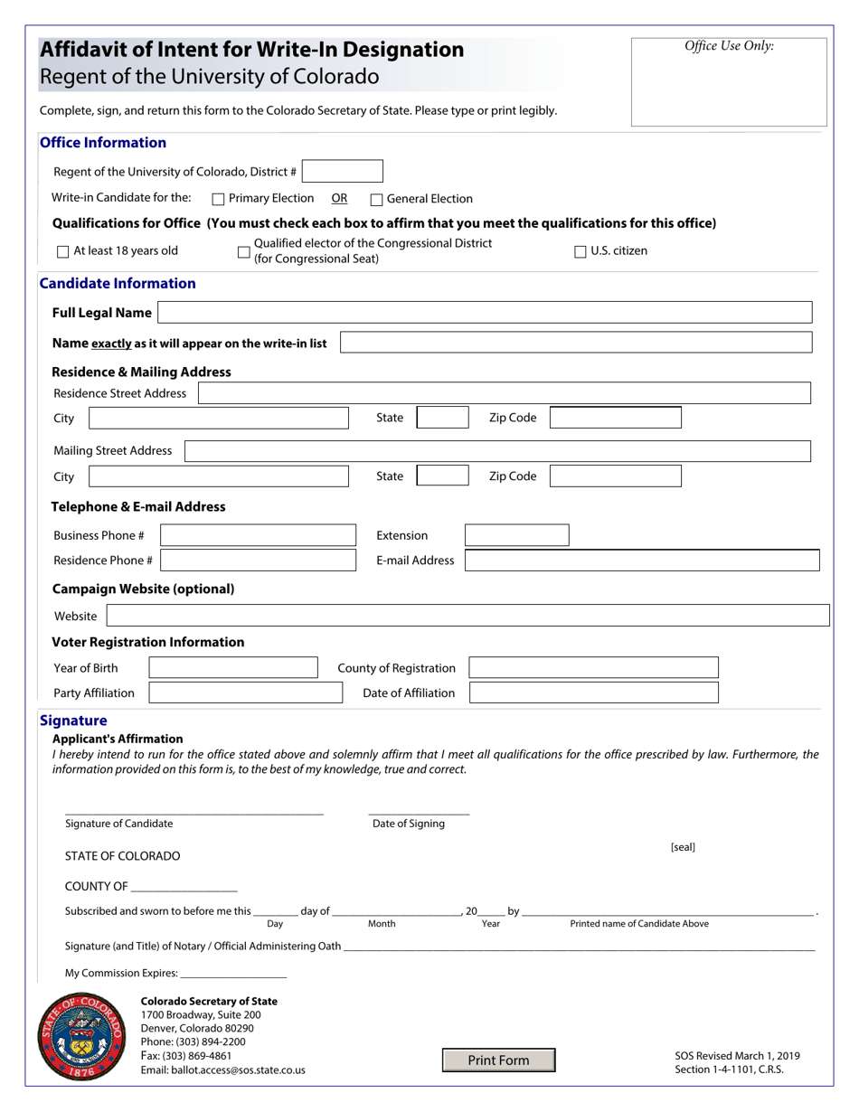 Colorado Affidavit of Intent for Write-In Designation - Regent of the ...