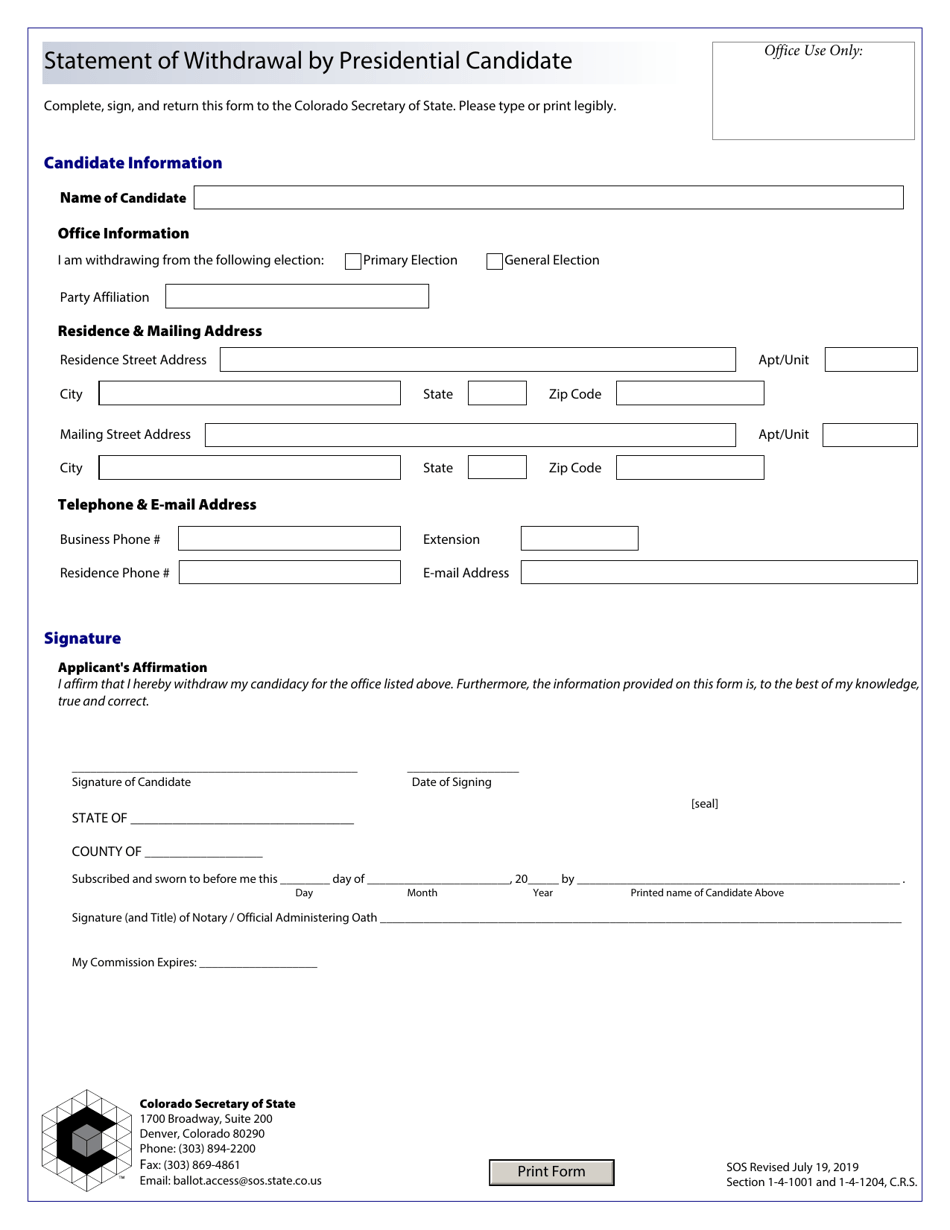 Colorado Statement of Withdrawal by Presidential Candidate - Fill Out ...