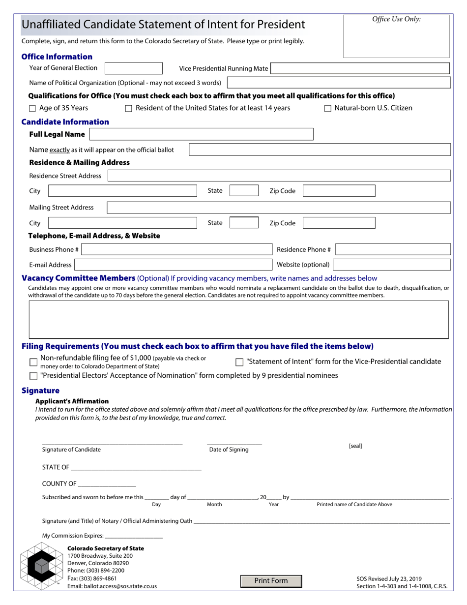 Colorado Unaffiliated Candidate Statement of Intent for President ...
