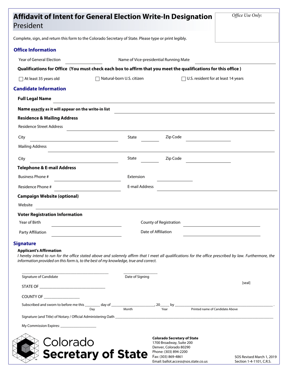 Colorado Affidavit of Intent for General Election Write-In Designation ...