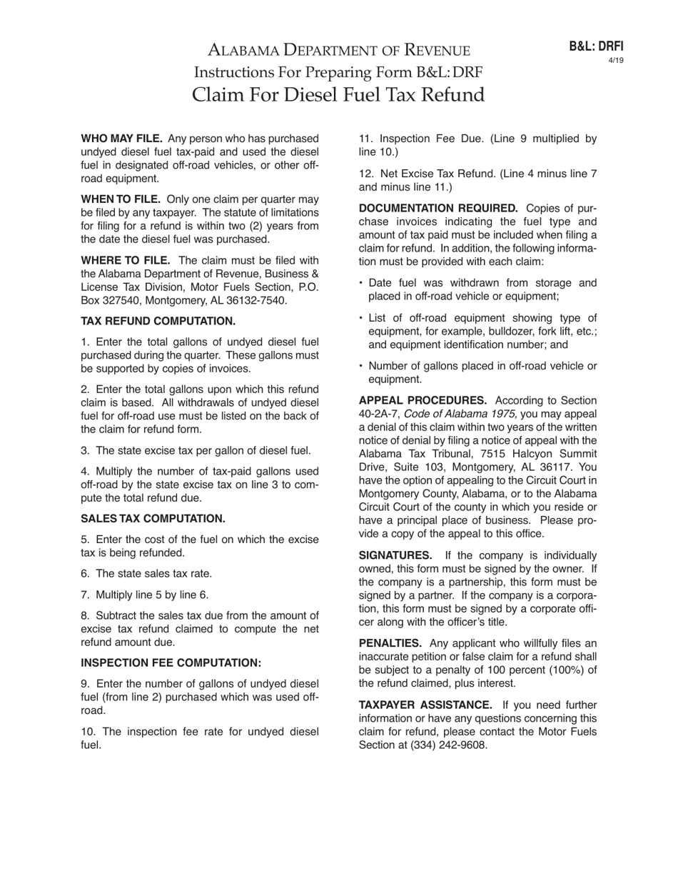 Download Instructions for Form B&L: DRF Claim for Diesel Fuel Tax ...