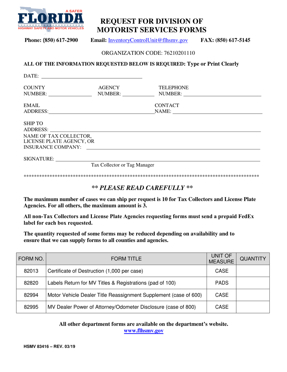 Form HSMV83416 Download Fillable PDF or Fill Online Request for ...