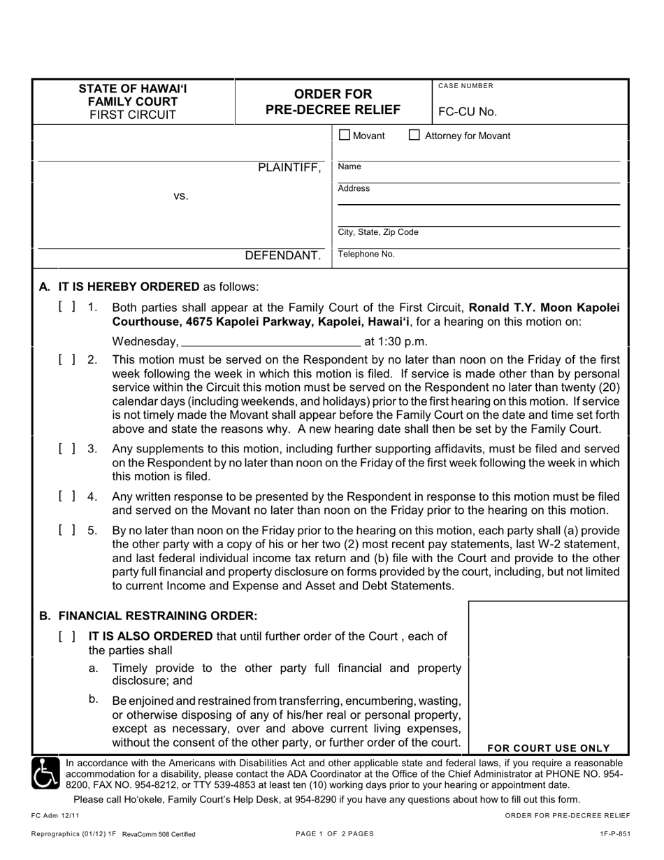 Form 1F-P-851 - Fill Out, Sign Online and Download Fillable PDF, Hawaii ...