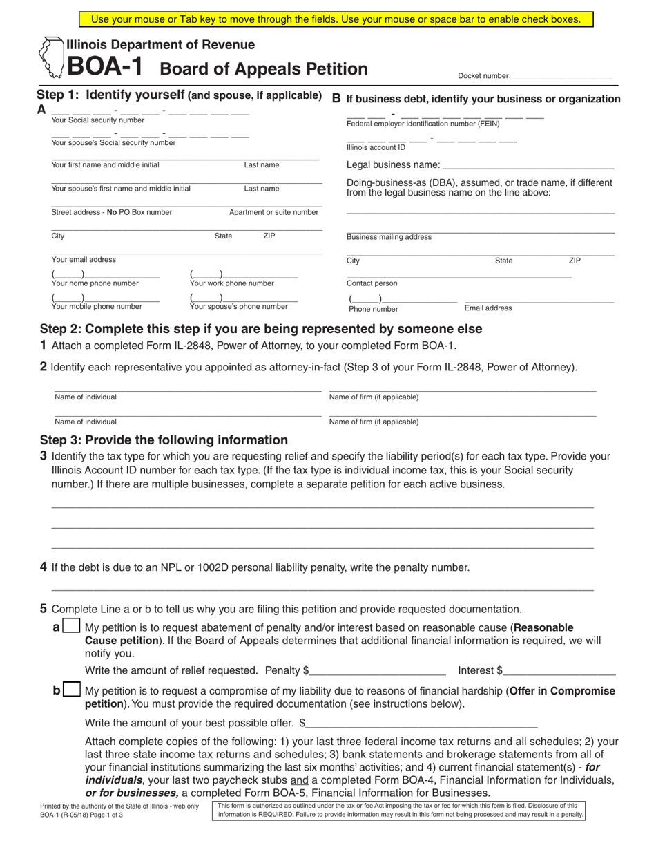 Form BOA-1 - Fill Out, Sign Online and Download Fillable PDF, Illinois ...