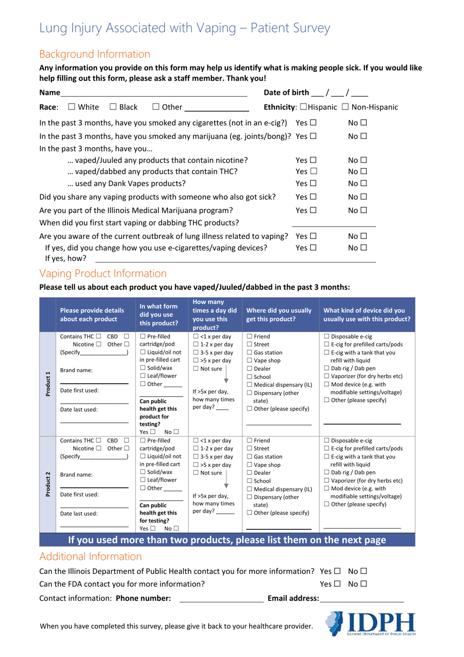 Illinois Lung Injury Associated With Vaping - Patient Survey - Fill Out ...