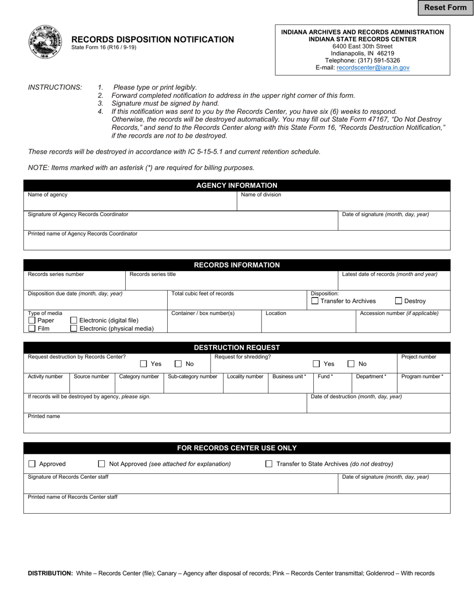 State Form 16 Download Fillable PDF or Fill Online Records Disposition ...