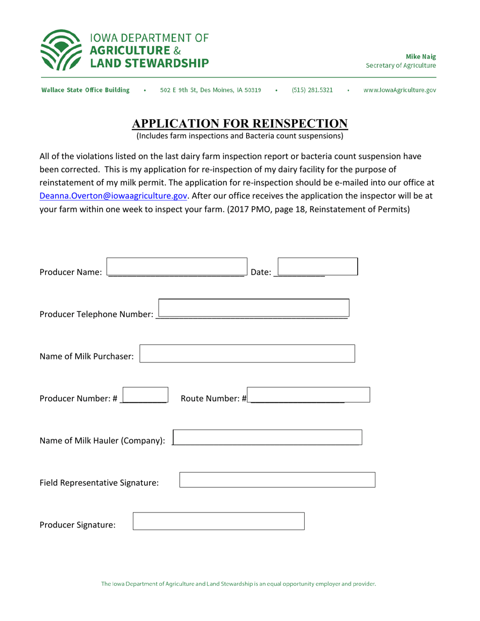 Iowa Application for Reinspection - Fill Out, Sign Online and Download ...