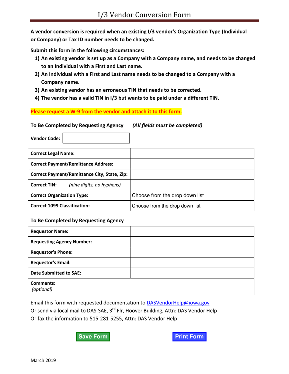 Iowa I/3 Vendor Conversion Form Download Fillable PDF | Templateroller