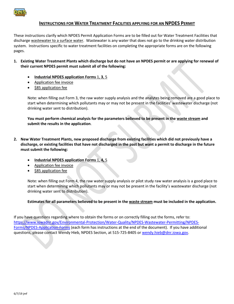 Iowa Instructions for Water Treatment Facilities Applying for an Npdes ...