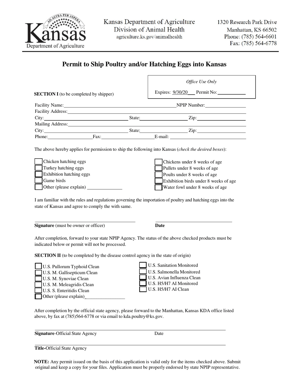 Kansas Permit to Ship Poultry and/or Hatching Eggs Into Kansas - Fill ...