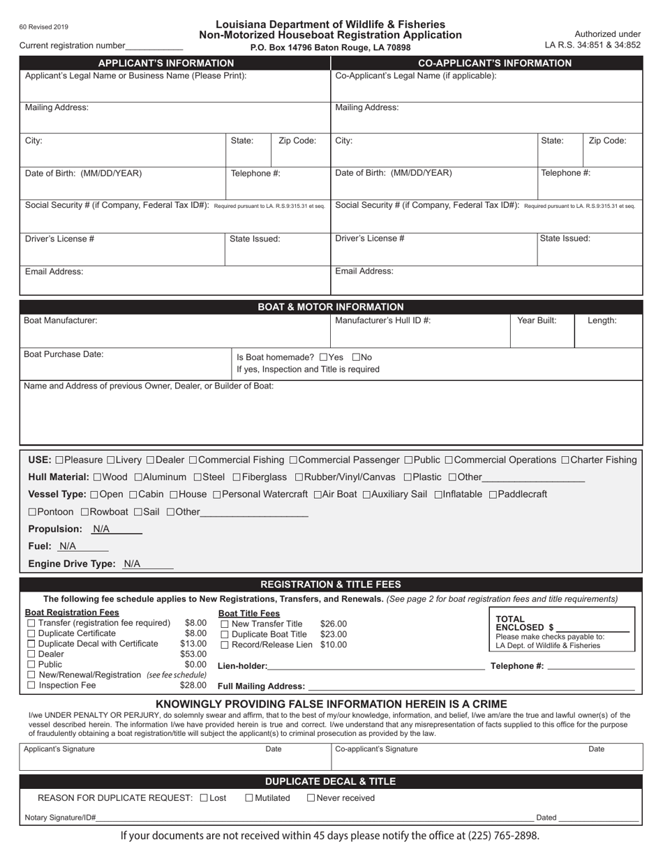 Louisiana Non-motorized Houseboat Registration Application - Fill Out ...