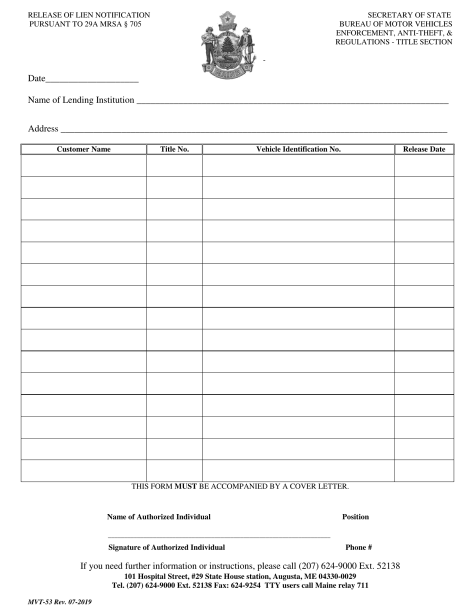 Form MVT-53 Download Fillable PDF or Fill Online Release of Lien ...