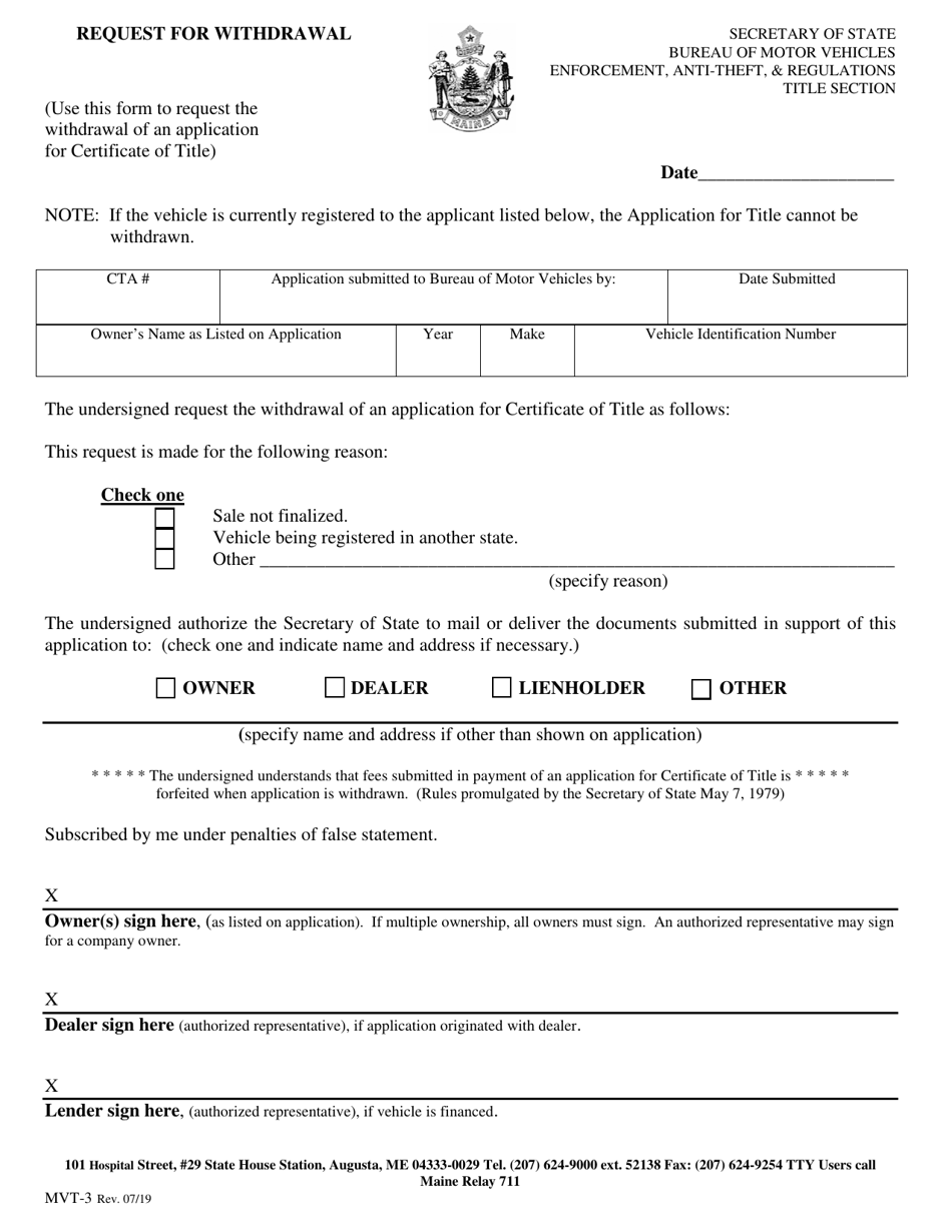 Form MVT-3 - Fill Out, Sign Online and Download Fillable PDF, Maine ...
